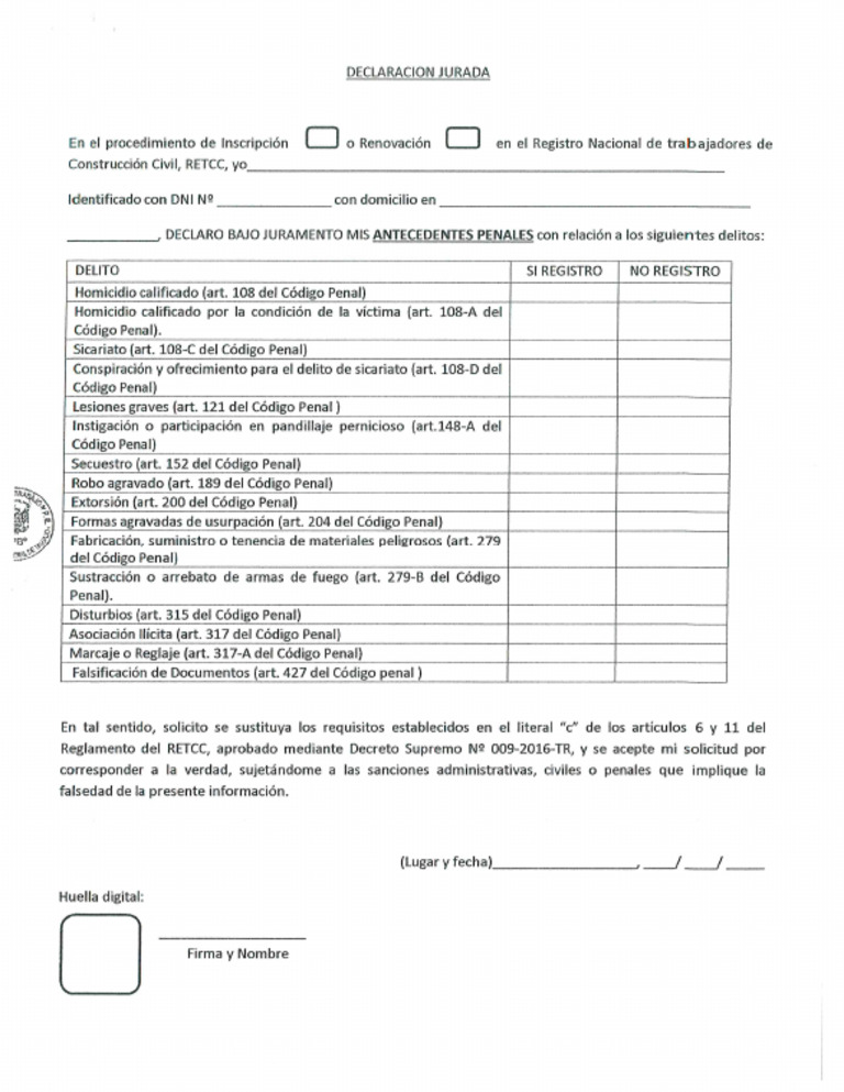 Declaracion Jurada RETCC | PDF