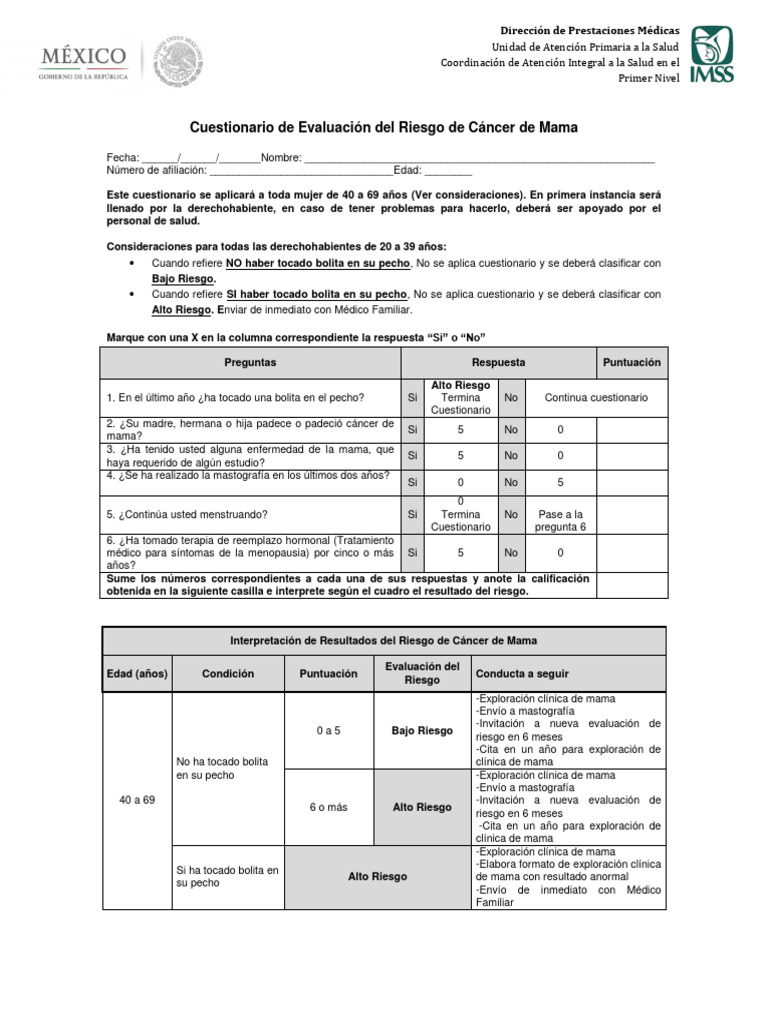 CHKT Cuestionario de Riesgo de Cáncer de Mama | PDF | Cáncer de mama ...