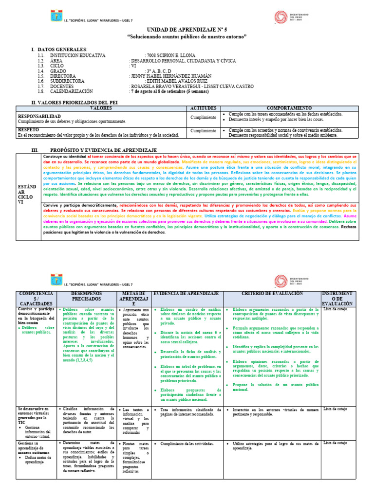DPCC3 U5 Solucionando Asuntos Pùblicos de Nuestro Entorno | PDF | Aprendizaje | Evaluación