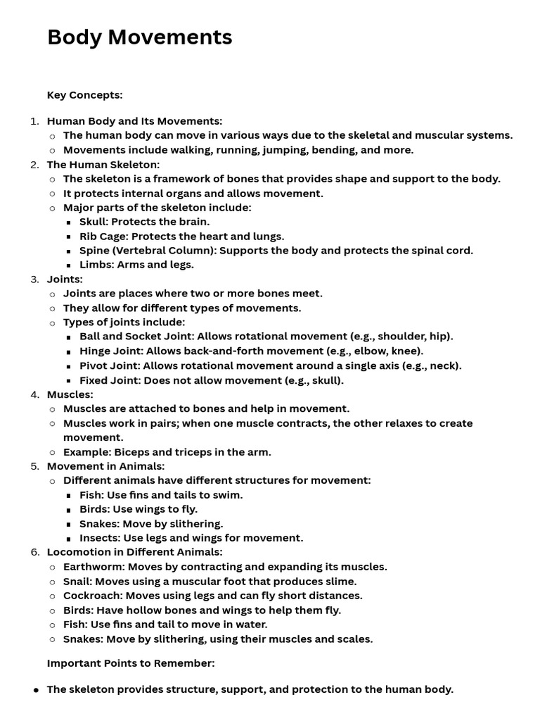 Class 6 CBSE Science - Chapter 8 Body Movements Notes | PDF | Skeleton ...