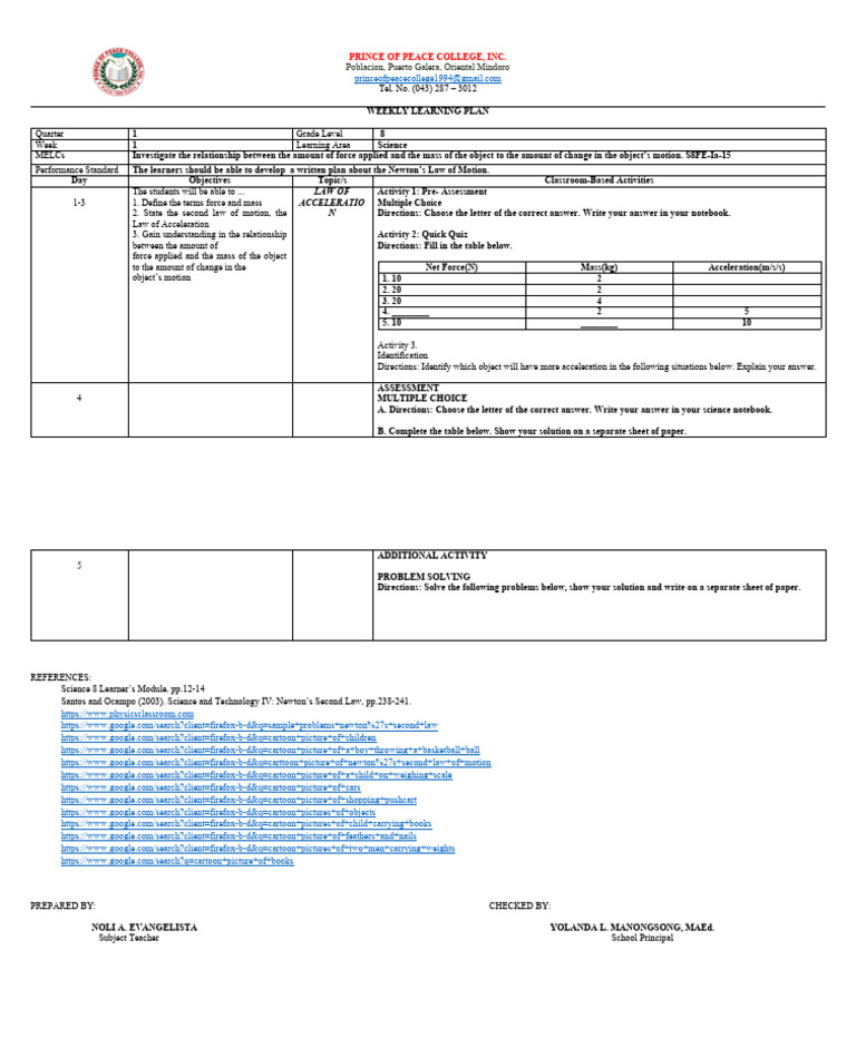 WLP - Q1W1 - Science 8 | PDF | Force | Mass