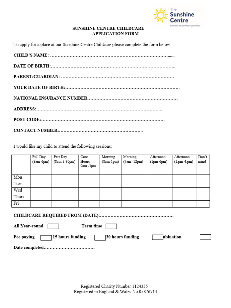 Sunshine Centre Childcare Application Form | PDF