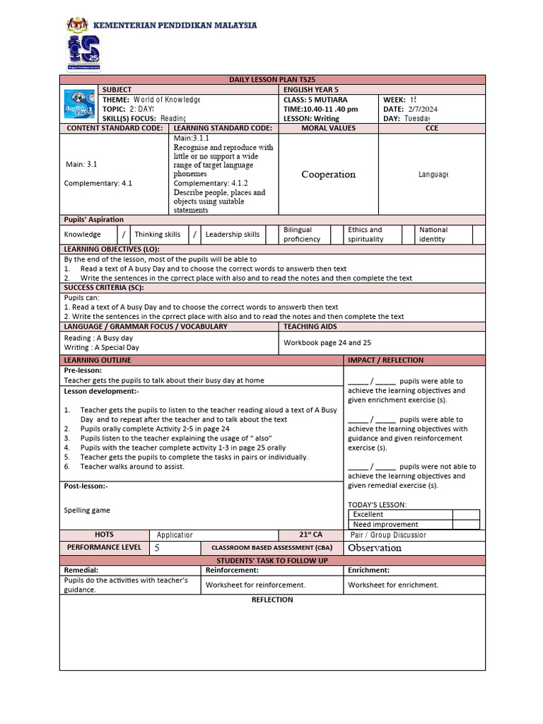 RPH Year 5 2024-2025 | PDF | Lesson Plan | Teachers