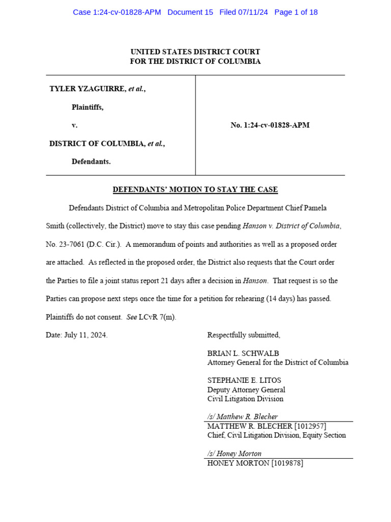 Defendants' Motion To Stay The Case - Yzaguirre v. DC, July 11 2024 ...