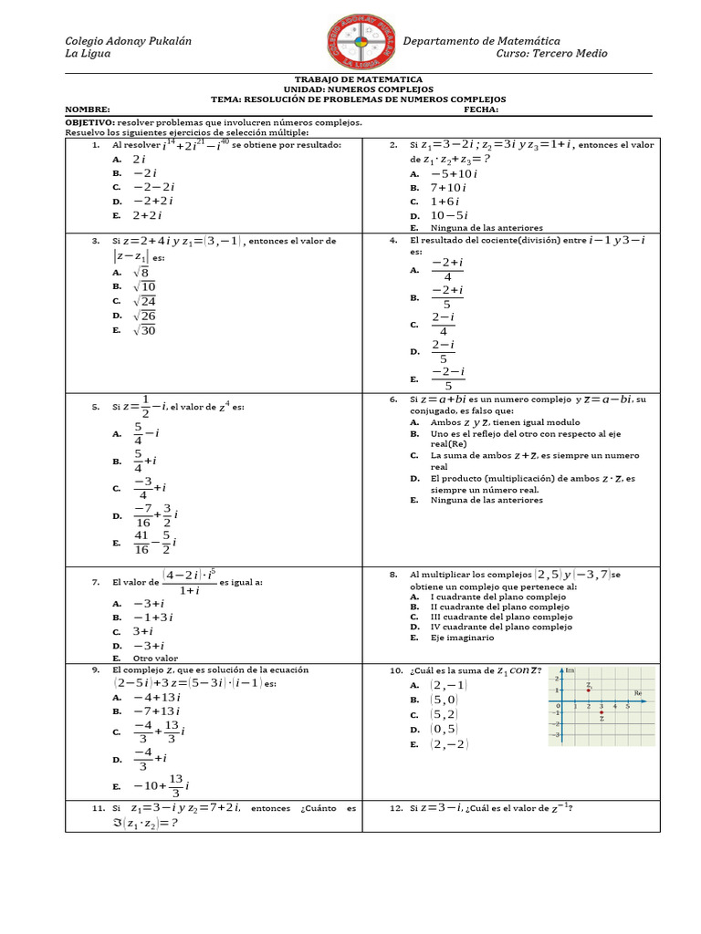 Problemas de Números Complejos 3° Medio | PDF | Análisis complejo ...