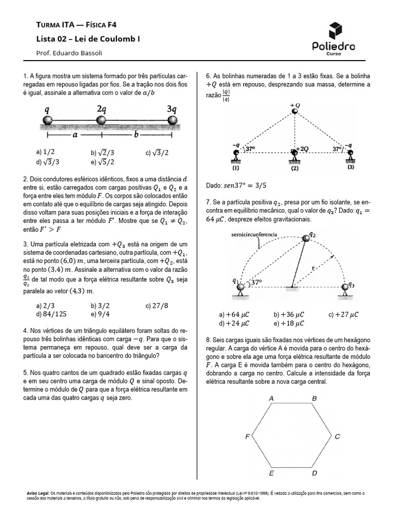 F4 - Lista 02 - Lei de Coulomb I | PDF | Eletricidade | Triângulo