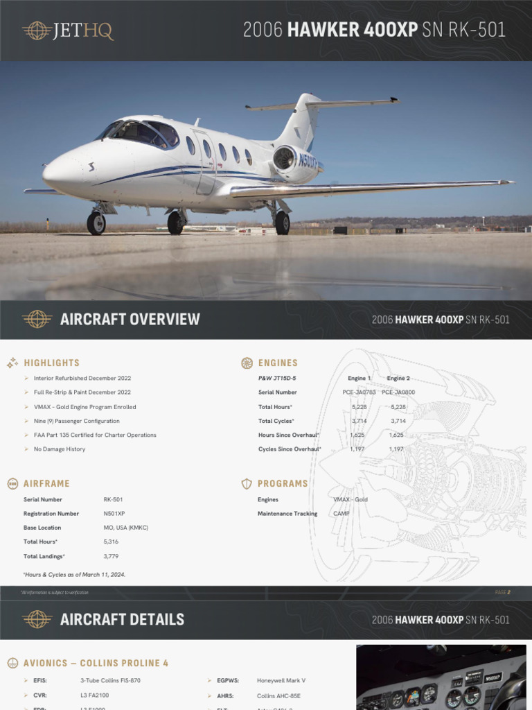 3 22 24 2006 Hawker 400XP SN RK 501 JetHQ Specs | PDF | Aviation | Jet ...