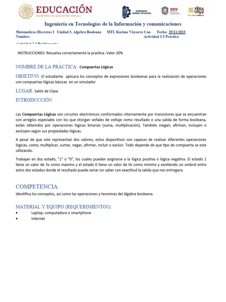 Act3.3 Practica | PDF | Álgebra de Boole | Enseñanza de matemática