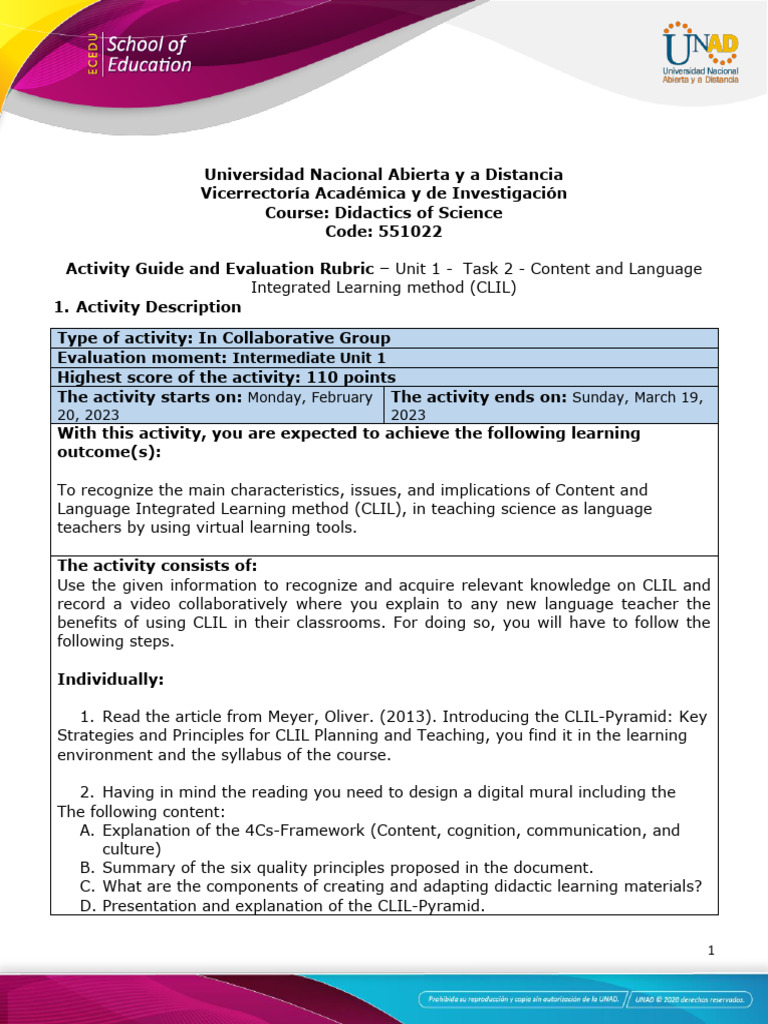 Activity Guide and Evaluation Rubric - Unit 1 - Task 2 - Content and Language Integrated ...
