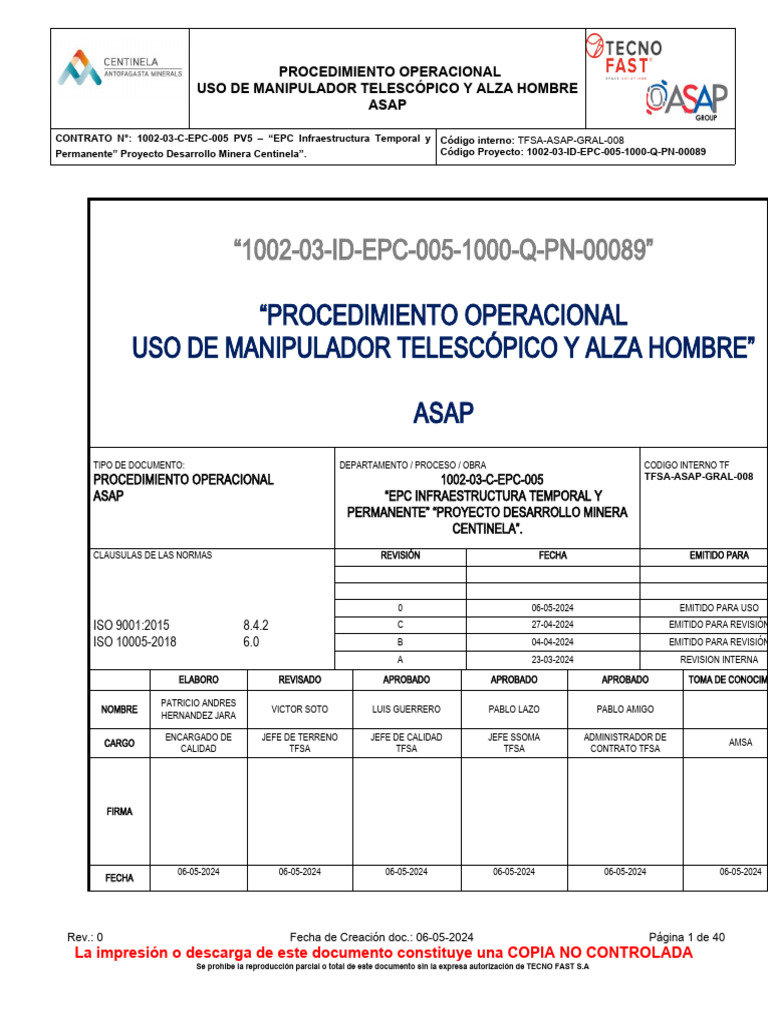 1002-03-ID-EPC-005-1000-Q-PN-00089 - 0 Procedimiento Operacional Manipulacion de Telesco | PDF ...