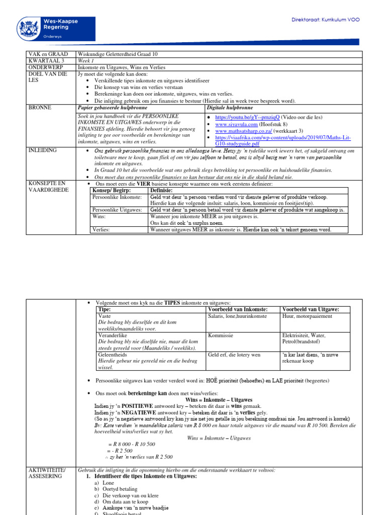 Wiskundige Geletterdheid Graad 10 Kwartaal 3 Week 1 - 2020 | PDF Wiskundige Geletterdheid Graad 10 Kwartaal 3 Week 1 - 2020 | PDF