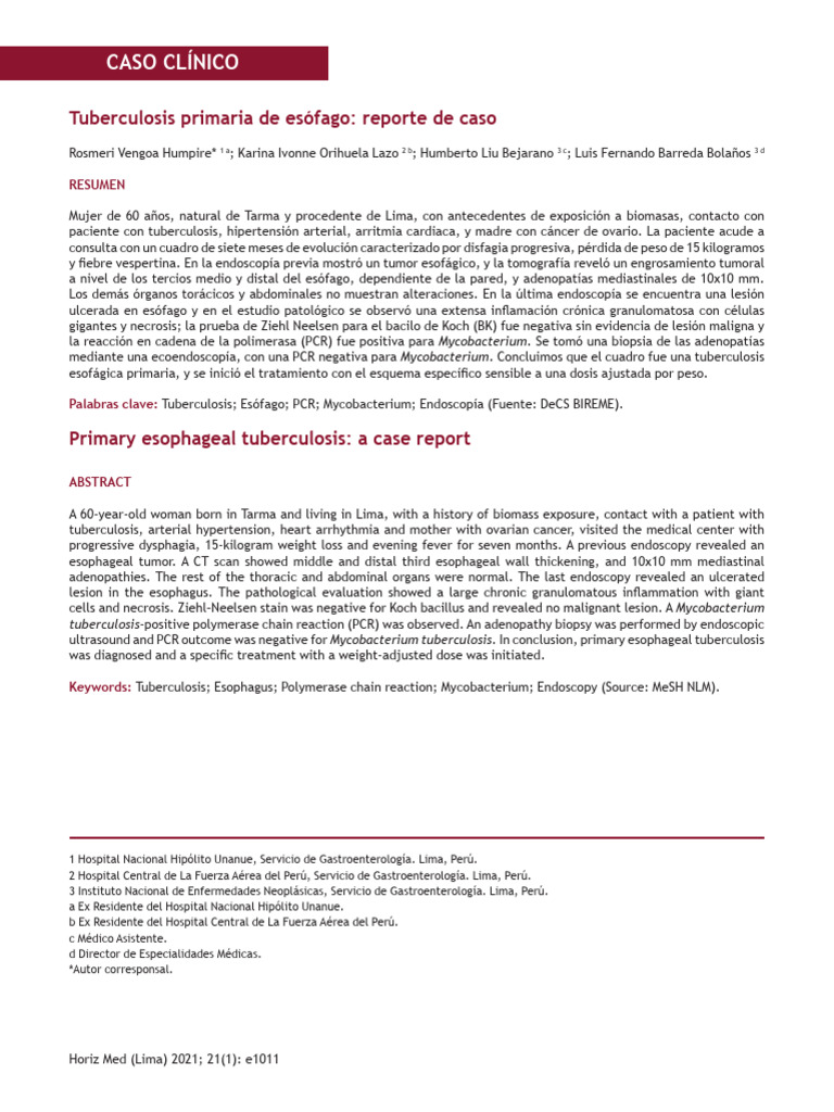 Tuberculosis primaria esofágica: caso clínico | PDF | Tos | Tuberculosis