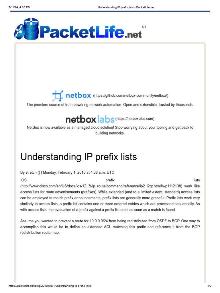 Understanding IP prefix lists - PacketLife.net | PDF | Router (Computing) | Routing