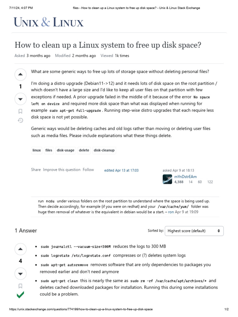 Files - How To Clean Up A Linux System To Free Up Disk Space - Unix & Linux Stack Exchange | PDF ...
