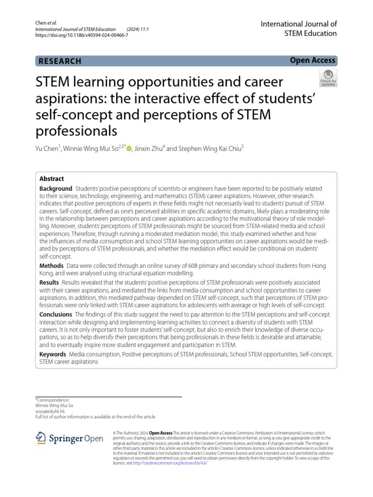 STEM Learning Opportunities and Career Aspirations: The Interactive Effect of Students' Self ...