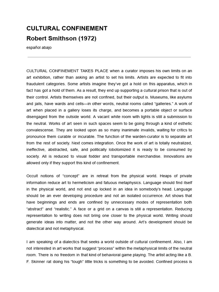Robert Smithson - CULTURAL CONFINEMENT | PDF | Metaphysics | Dialectic