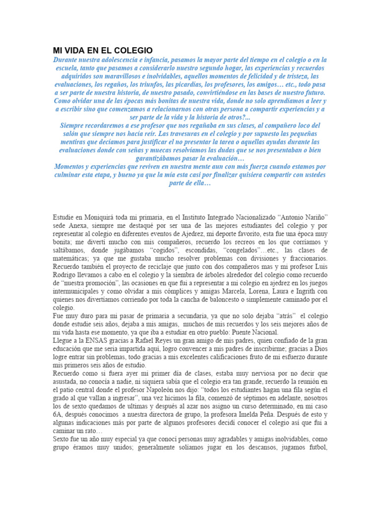 Mi Vida en El Colegio | PDF