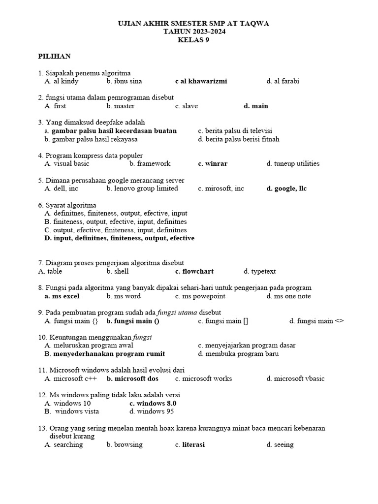 Ujian Akhir Smester SMP at Taqwa Kelas 9 Tahun 2023-2024 | PDF