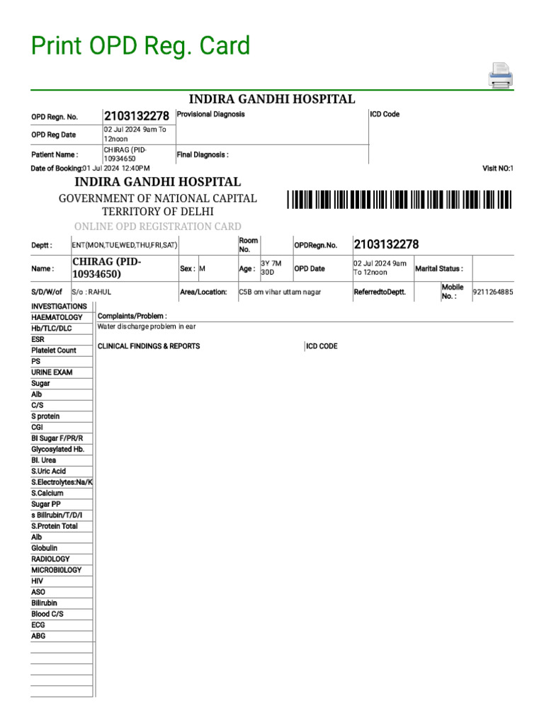 Indra Gandhi Hospital Ops Slip Chirag | PDF