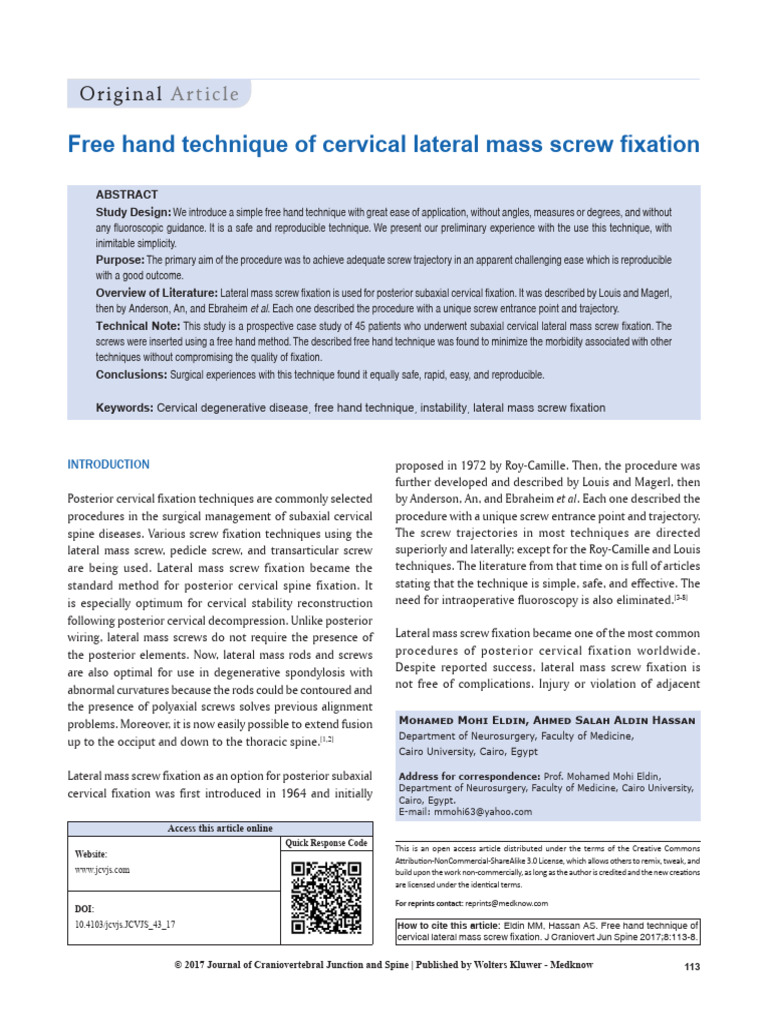 Free hand technique of cervical lateral mass screw fixation | Download ...