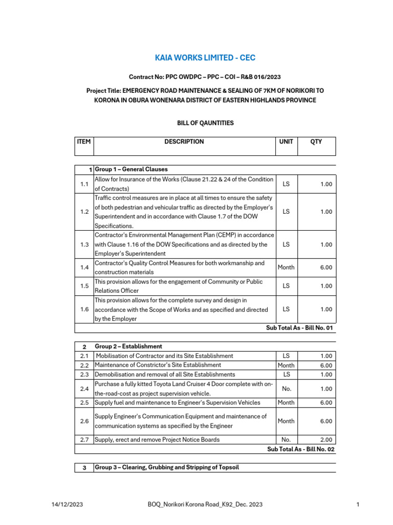 BOQ - Qty - Norikori Korona Road - K92 - Dec. 2023 | PDF | Road Surface ...