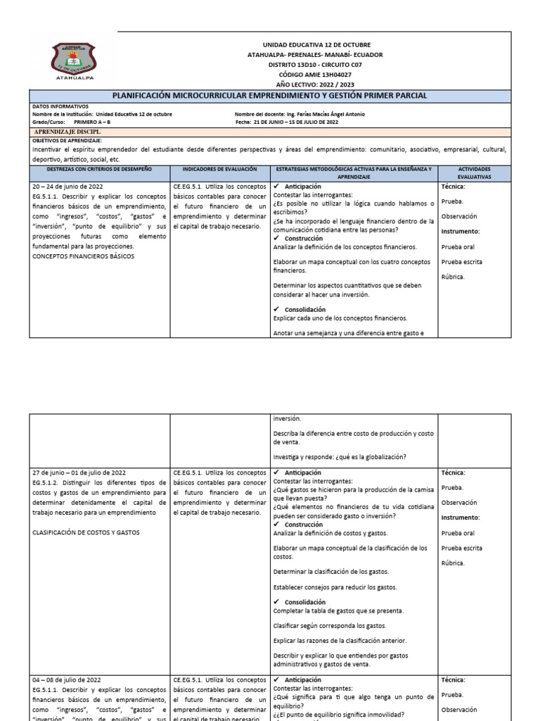 Planif1ero BGU Empred y Gestión | PDF | Iniciativa empresarial | Evaluación