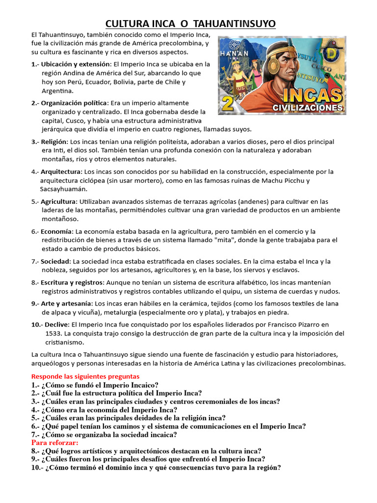 Ficha de La Cultura Inca o Tahuantinsuyo 11-07-2024 Personal | PDF | Imperio Inca | Era precolombina