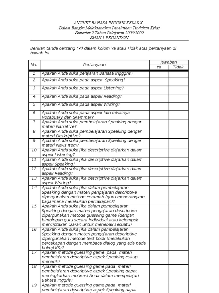 Contoh Kuesioner Penelitian Kuantitatif - Aneka Contoh
