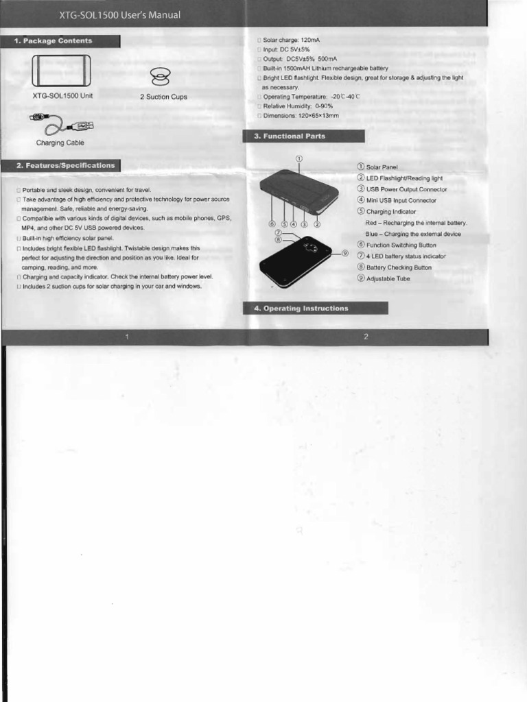 XTG SOL1500 Solar Powered Battery | PDF | Battery (Electricity) | Usb