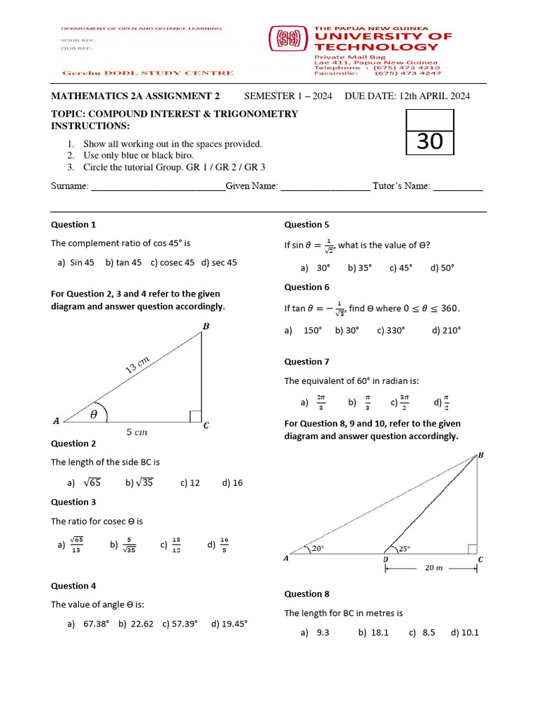 MATHEMATICS 2A ASSIGNMENT 2 Cinterest & Trig | PDF | Trigonometry | Euclid