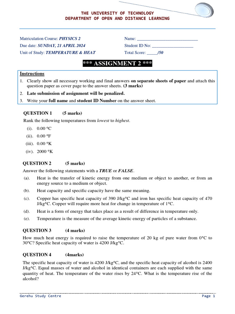 Physics 2 Assignment 2, S1 2024 | PDF | Heat | Temperature