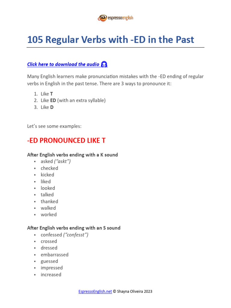 Free PDF 105 Regular Verbs With ED in The Past | PDF | English Language ...