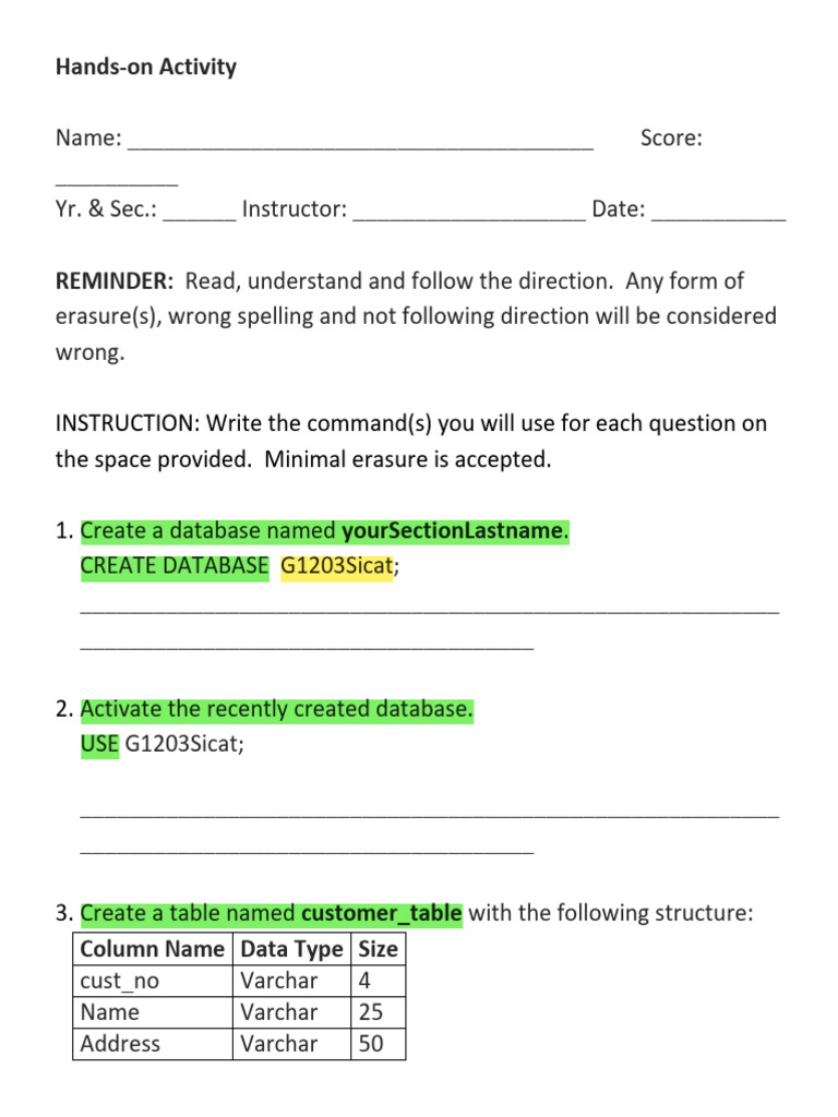 Hands-On Activity SQL DDL Commands-Guided PE | PDF | Computer Programming | Information ...