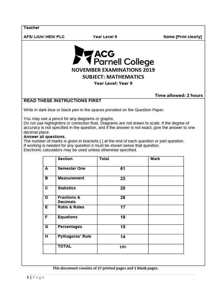 Year 9 Mathematics Exam Paper | PDF | Triangle | Area