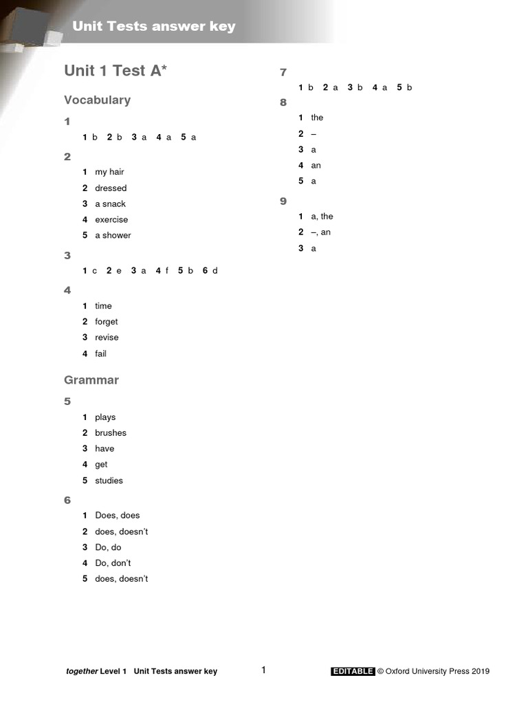 Together Level 1 Unit Tests Answer Key | PDF