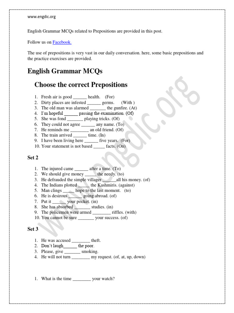 English Grammar MCQs Related To Prepositions | PDF