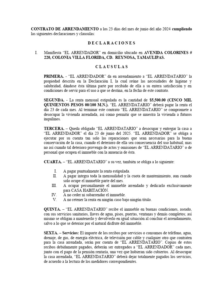 Contrato de Arrendamiento en Reynosa | PDF