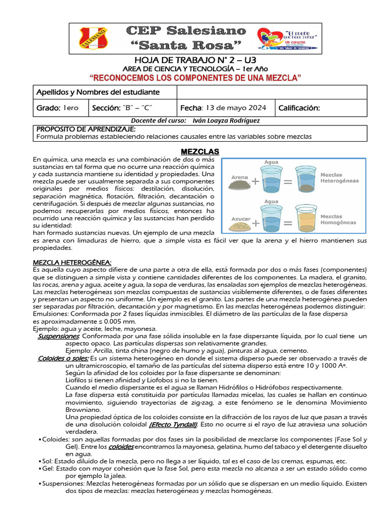 Loayza HOJA de Trabajo N 2 U3 CyT 1BCs Mezclas 2024 | PDF | Mezcla | Coloide