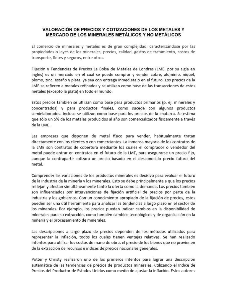 Resumen Fijacion de Precios y Contrato | PDF | Bolsa | Cobre