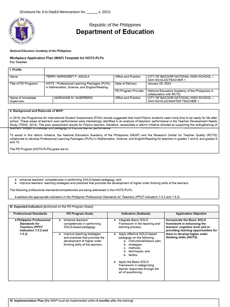 s5 Template WAP for Teachers | PDF | Learning | Teachers
