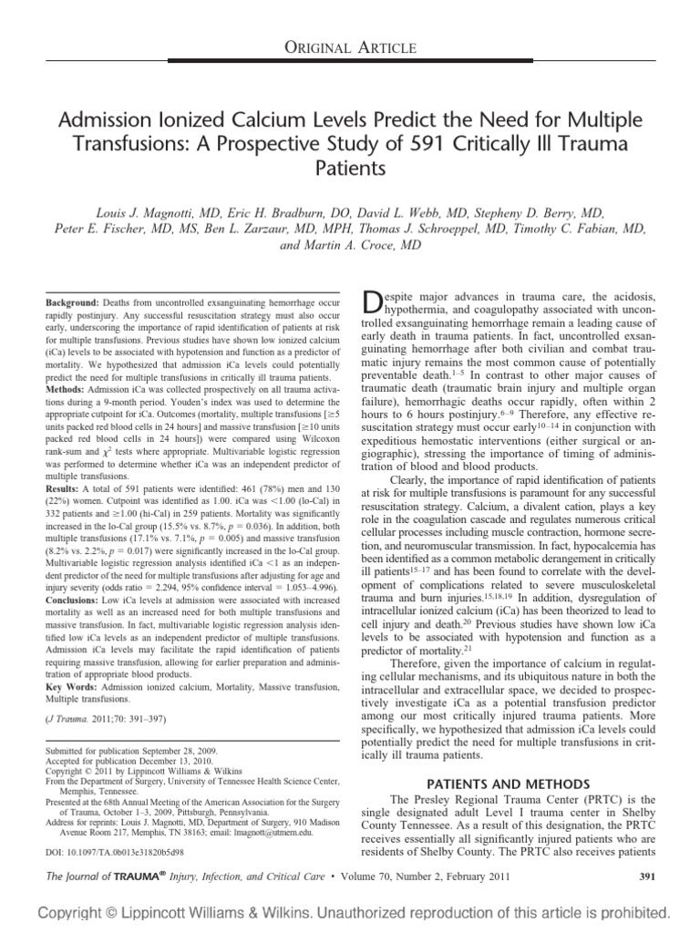 Admission Ionized Calcium Levels Predict The Need For Multiple Transfusions: A Prospective Study ...