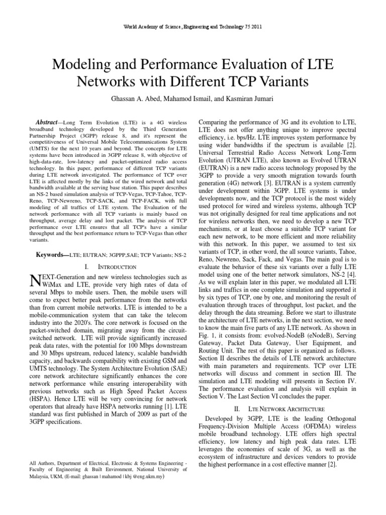 Modeling And Performance Evaluation Of Lte Networks With Different Tcp Variants Pdf