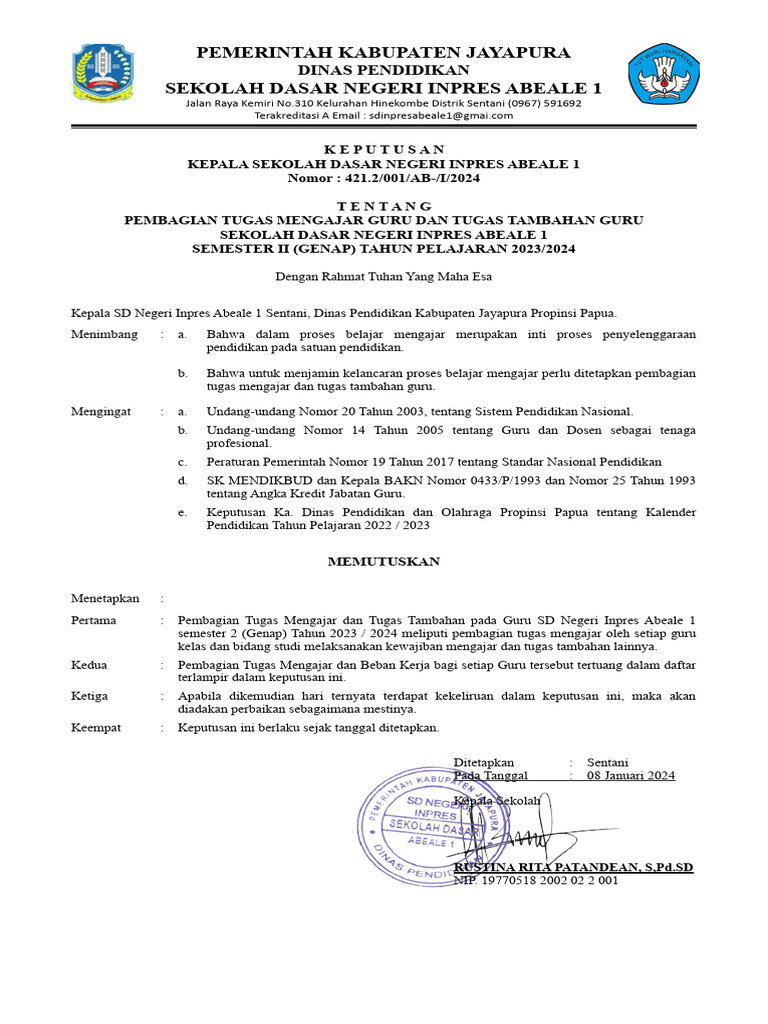 SK Pembagian Tugas Mengajar 2023-2024 Genap | PDF
