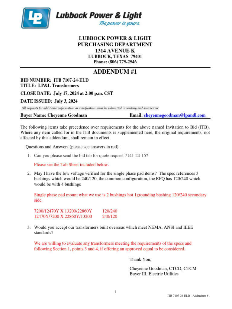 Addendum 1 - ITB 7107-24-ELD - LPL Transformers | PDF | Transformer ...
