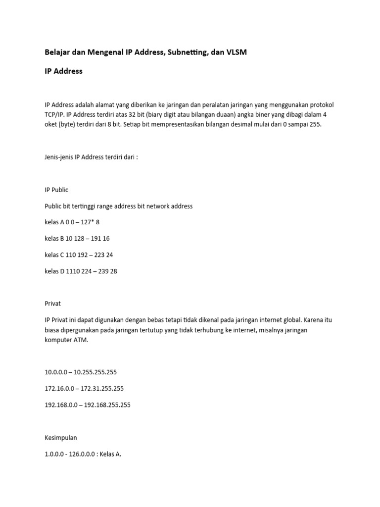 Mengenal IP Address, Subnetting, Dan VLSM | PDF | Metode & Bahan Ajar | Komputer