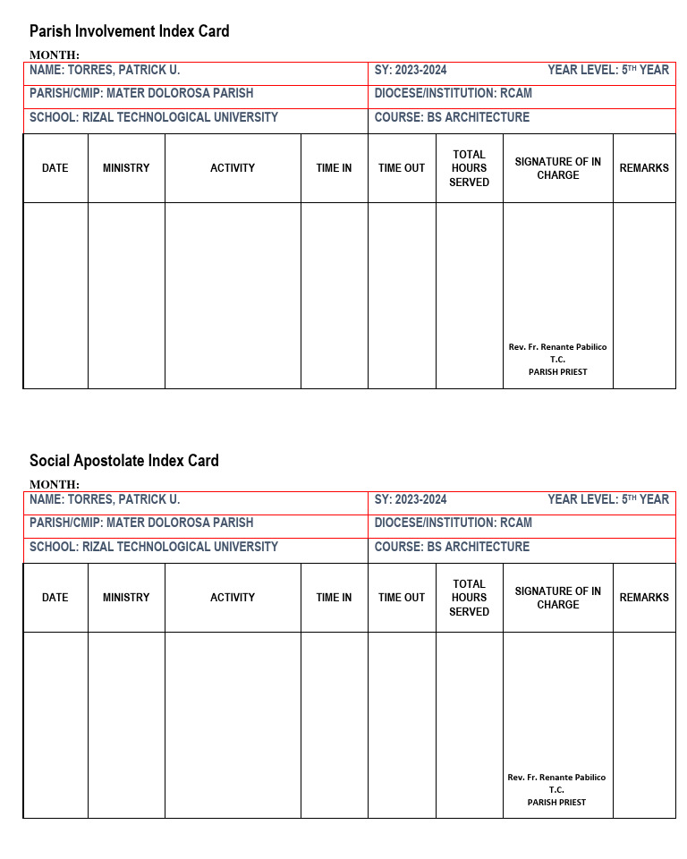 Parish Involvement Index Card 2023-2024 | PDF