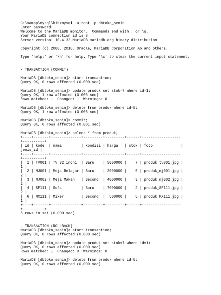 MariaDB Transaction and Rollback Guide | PDF | Software Engineering | My Sql