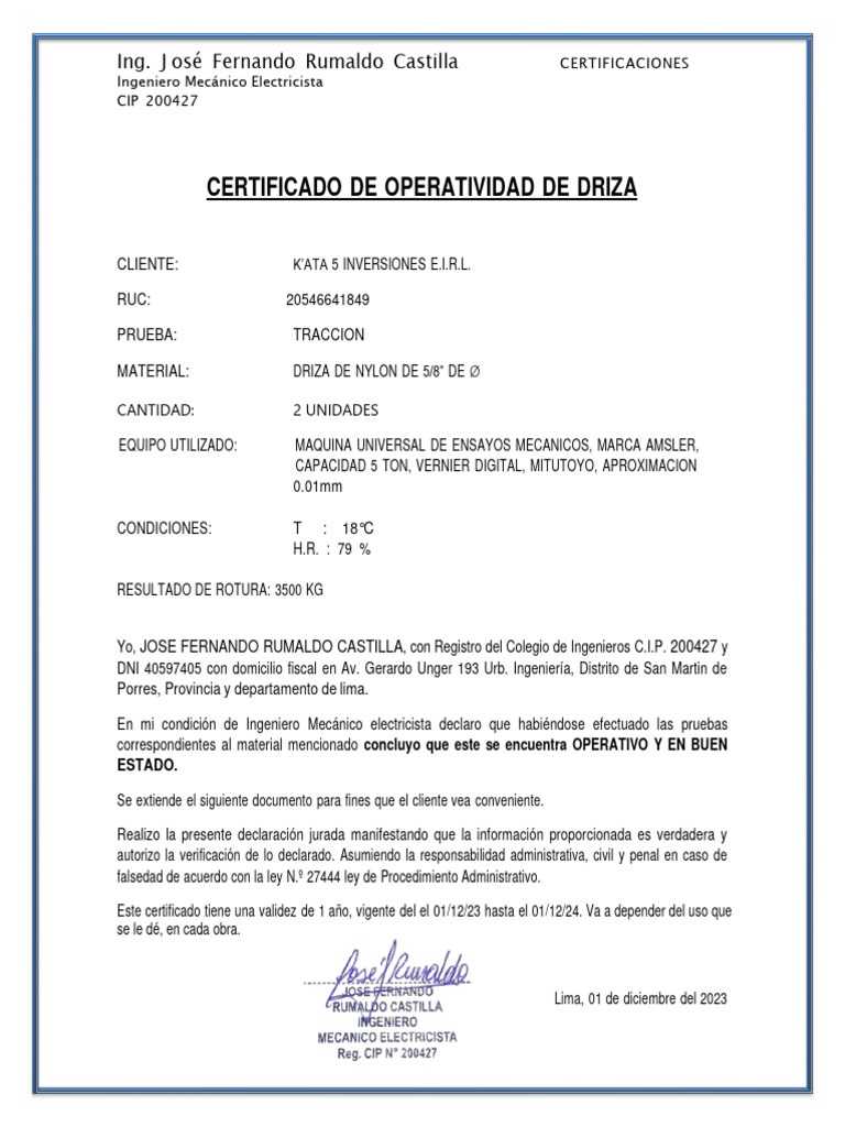 Certificado de Operatividad de Driza | PDF