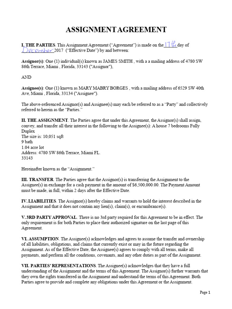 Assignment Agreement Form | PDF | Assignment (Law) | Consent