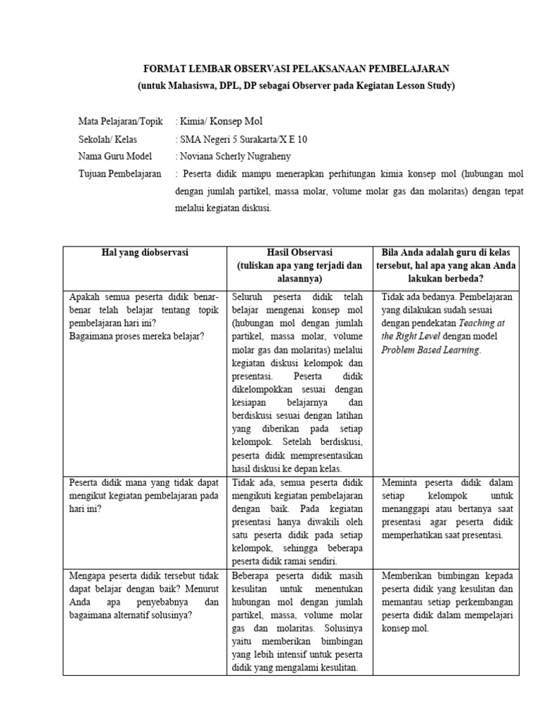 LESSON STUDY, REFLEKSI, DAN RTL SIKLUS 1 Noviana Scherly Nugraheny | PDF
